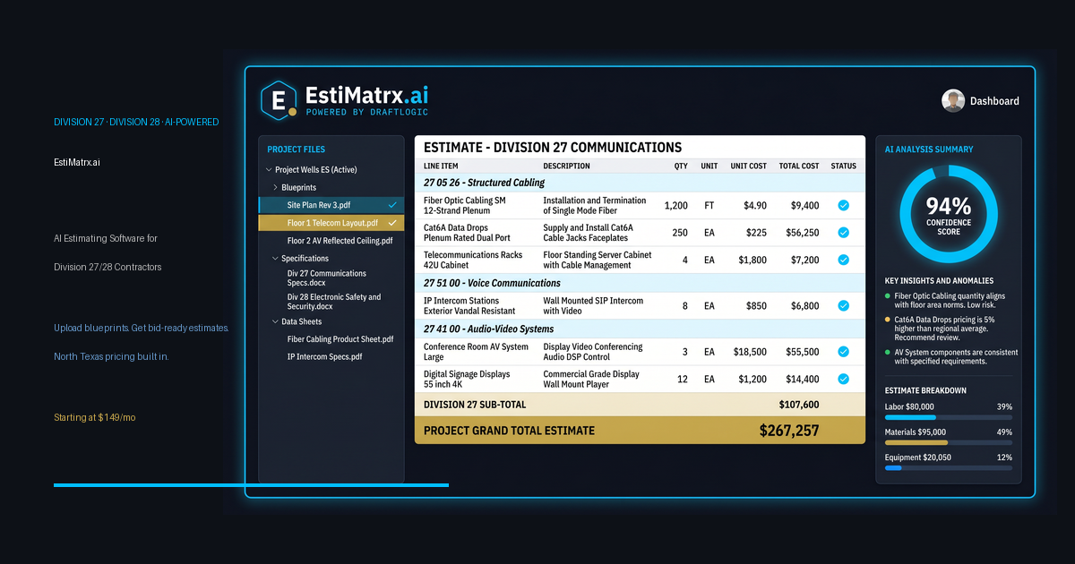 EstiMatrx.ai — AI-Assisted Estimating Control System for Division 27 & 28